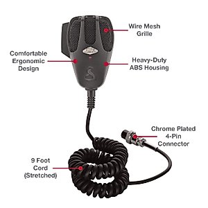 Cobra HG M77 Premium Replacement Noise Canceling CB Microphone (Black) – 4 Pin Connector, 9 Foot Cord, Heavy Duty ABS Shell, Wire Mesh Grille, Left Side Push To Talk, Chrome Connector