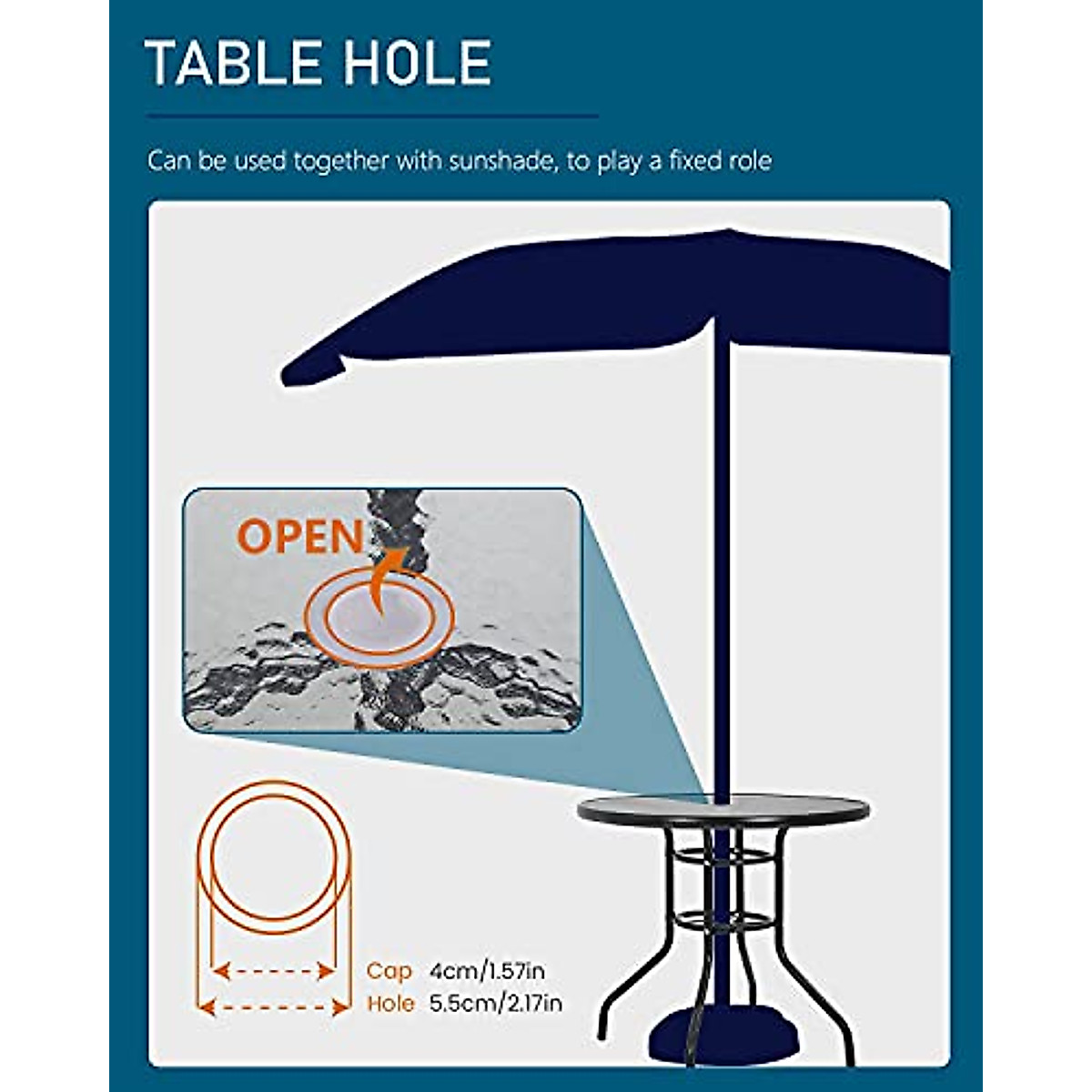 FDW with Umbrella Hole Outdoor Dining Round Tempered Glass All Weather Outside Clearance Patio Table for Yard Bistro Lawn Balcony, Black