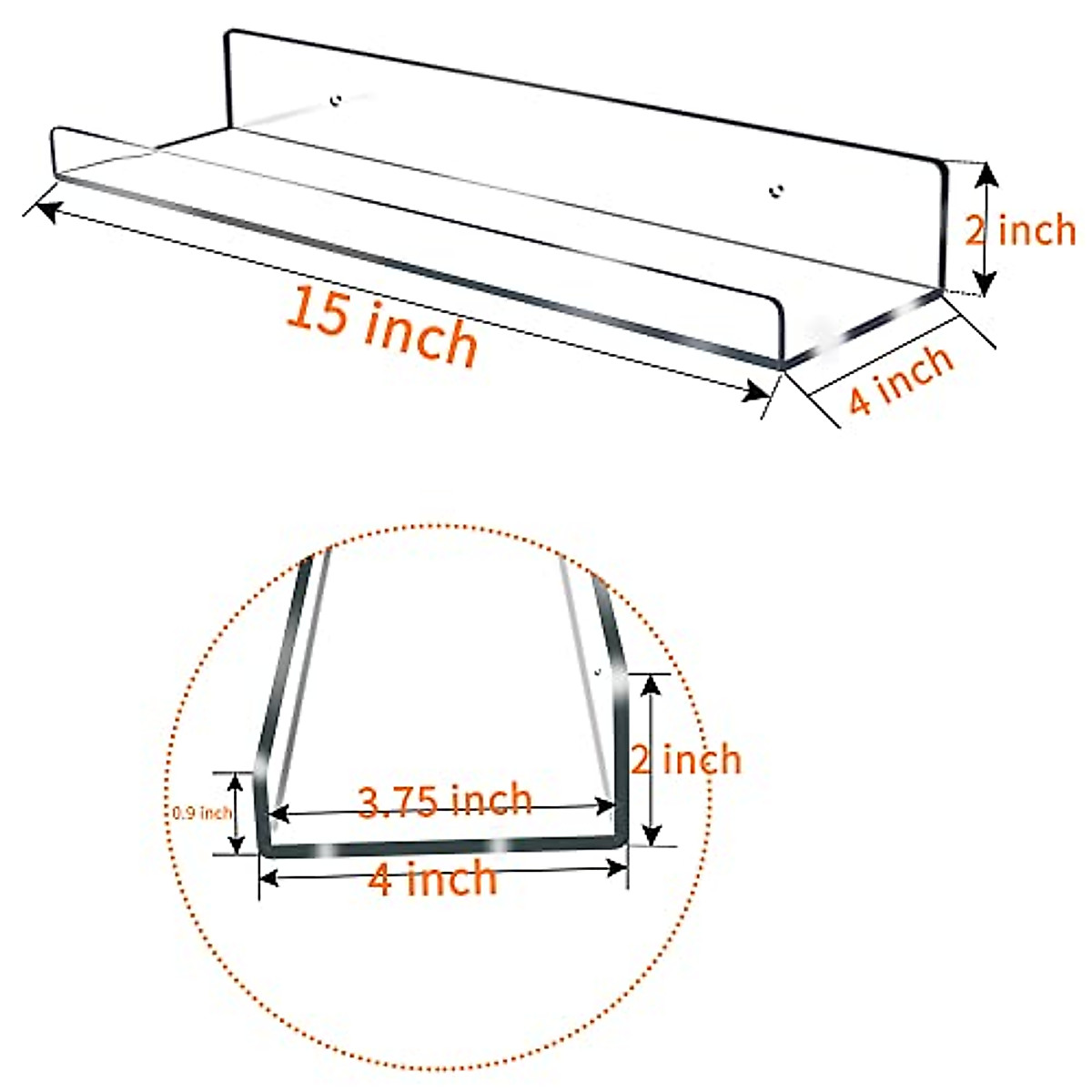Dulinkas 15-Inch 4 Pcs Floating Shelves Clear Acrylic Shelves Invisible Floating Wall Ledge Bookshelf 5MM Thick Premium Book Display Shelves Wall Mounted Bathroom Kitchen Organizer