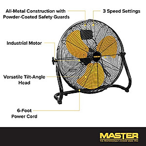 MASTER 20 Inch Industrial High Velocity Floor Fan - Direct Drive, All-Metal Construction with Steel-Coated Safety Grill, 3 Speed Settings (MAC-20F)