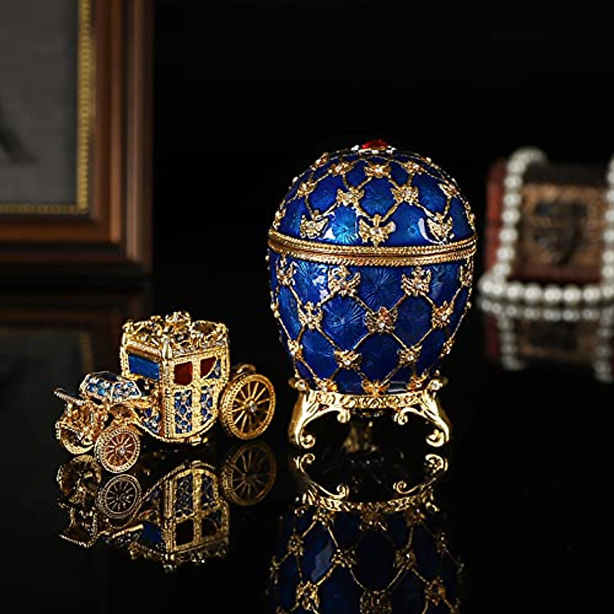 QIFU Vintage Blue Faberge Egg Style Jewelry Trinket Box with Mini Royal Carriage, Unique Gift for Easter Collection
