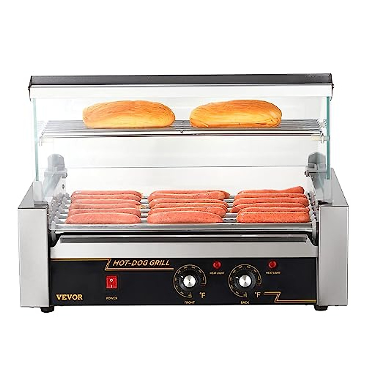 VEVOR Hot Dog Roller 7 Rollers 18 Hot Dogs Capacity 1050W Stainless Sausage Grill Cooker Machine with Dual Temp Control Glass Hood Acrylic Cover Bun Warmer Shelf Removable Oil Drip Tray, ETL Certified