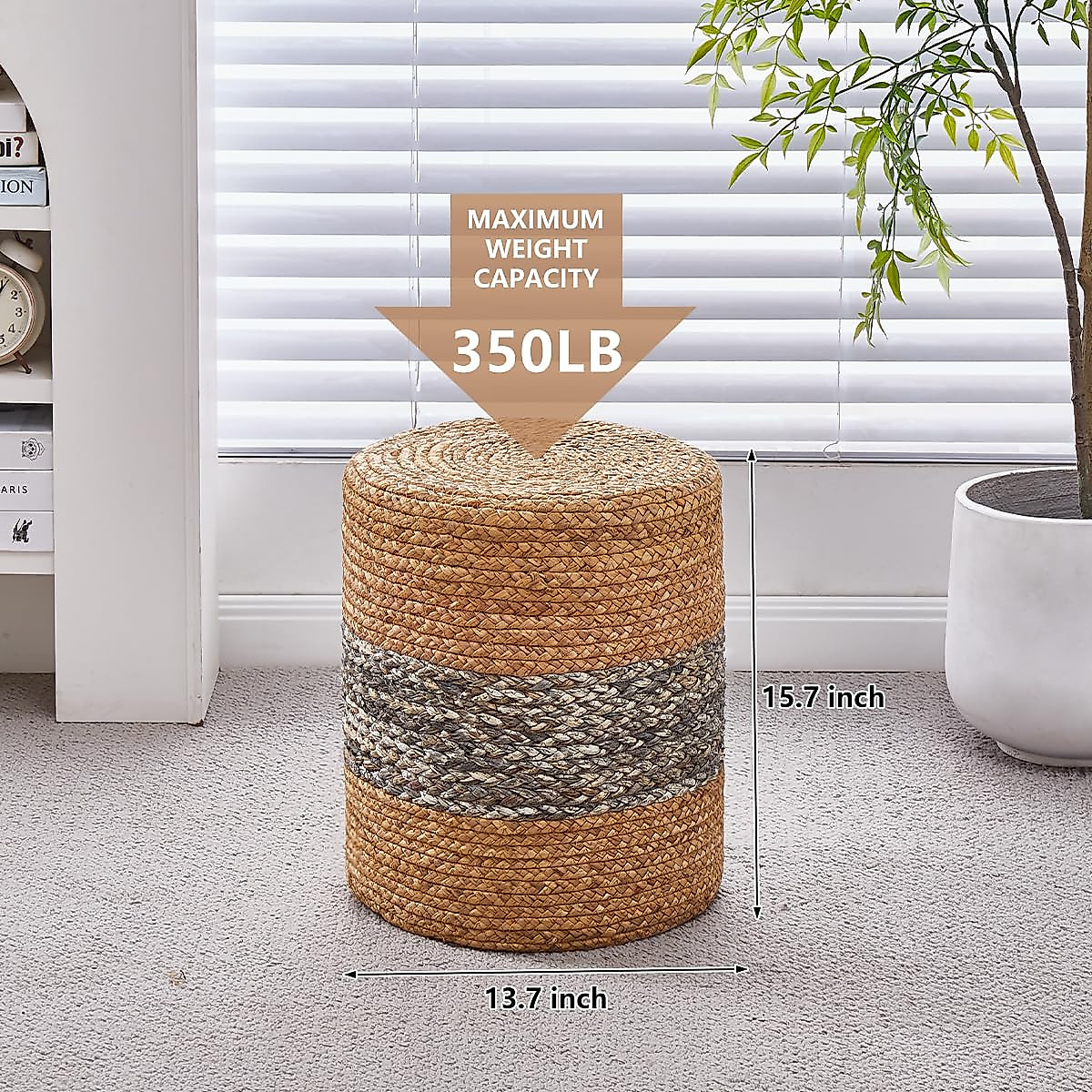 Ottoman Foot Rest Stool Round Natural Seagrass Foot Stool Hand-Woven Boho Pouf Ottomans Home Decor Footstool Extra Seating for Living Room Bedroom Entryway Grey