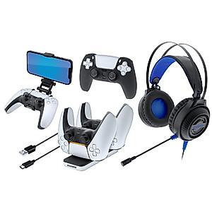 dreamGEAR Gamers Kit for PlayStation 5: Gaming Headset with 50mm Drivers, PS5 Controller charger, Adjustable Phone Mount, USB-C Cable, Protective Cover and Caps