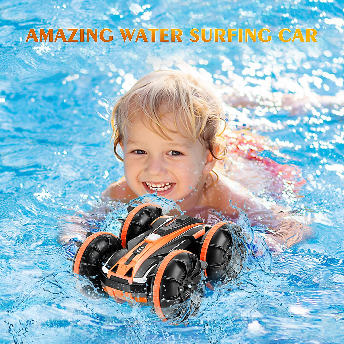 Qinycon Amphibious RC Car Remote Control Boat for Kids, 4WD 2.4Ghz 2 in 1 RC Stunt Car with 360° Flips, Double Sided Rotating RC Cars Toy for 5-12 Year Old Boys & Girls