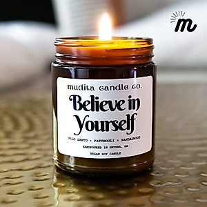 All Natural Vegan Soy Candles - Aromatherapy Candles for Home, Bathroom, Office - 70-80 Hours Long Burning Luxury Candle - Palo Santo, Patchouli, Sandalwood Scent by Mudita - Believe in Yourself