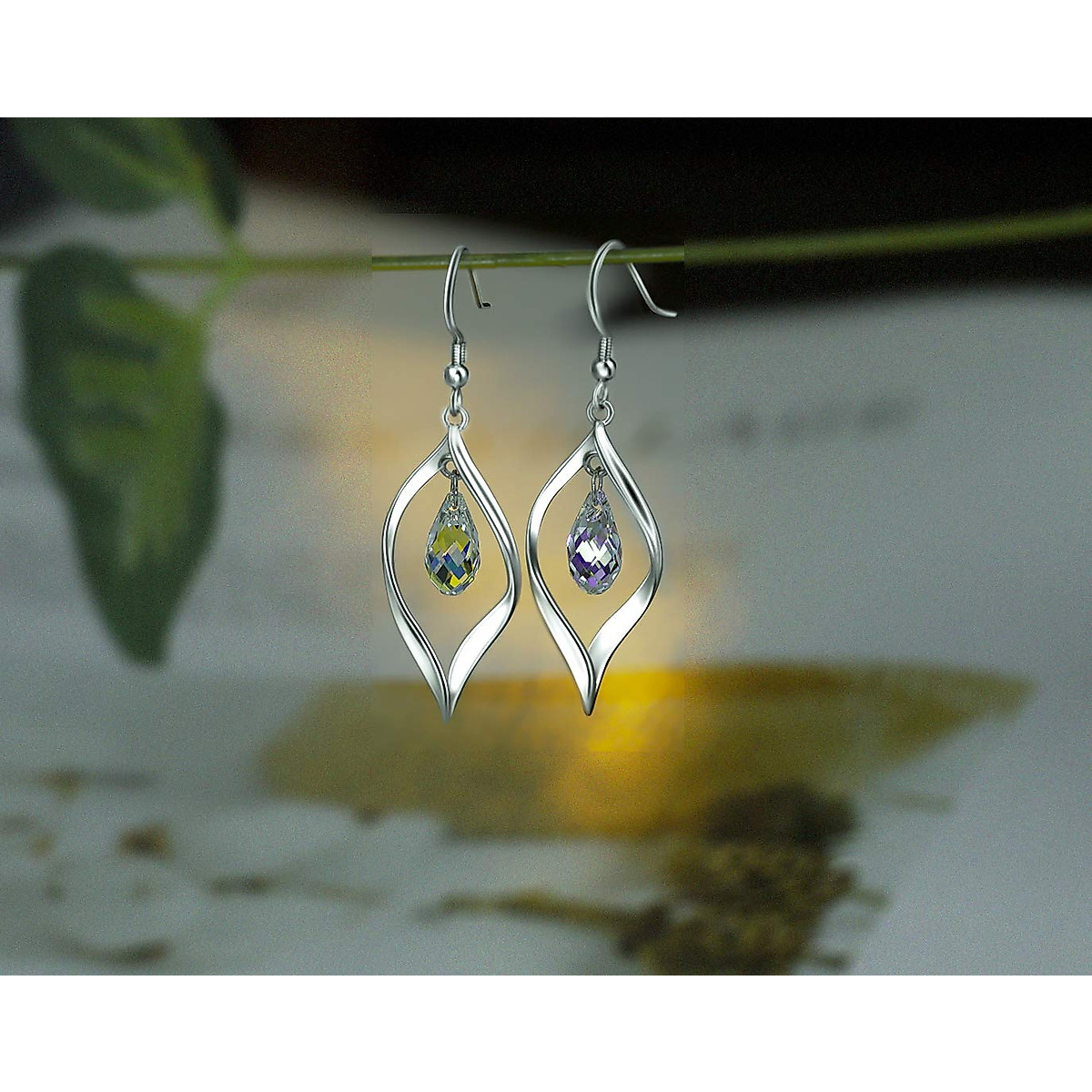 Fashion Swarovski Crystal Twist Leaf 925 Sterling Silver Drop Earrings for Women in Gold-plated