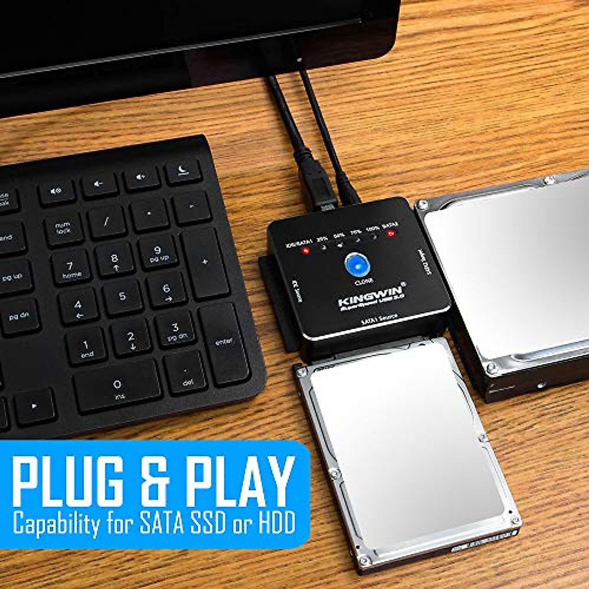 Kingwin USB 3.0 to SSD/SATA/IDE Adapter for 2.5 Inch, 3.5 Inch, 5.25 Inch Hard Drives with Offline One Touch Clone/Duplicator Function, Tool-Free, SATA I/II/III Support, Black, 3 TB (USI-2535CLU3)