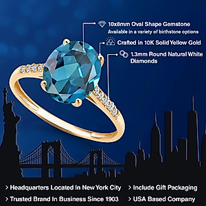 Gem Stone King 10K Yellow Gold 10X8MM Oval Gemstone Birthstone & White Diamond Engagement Ring | Yellow Gold Ring For Women | Available in Size 5-9