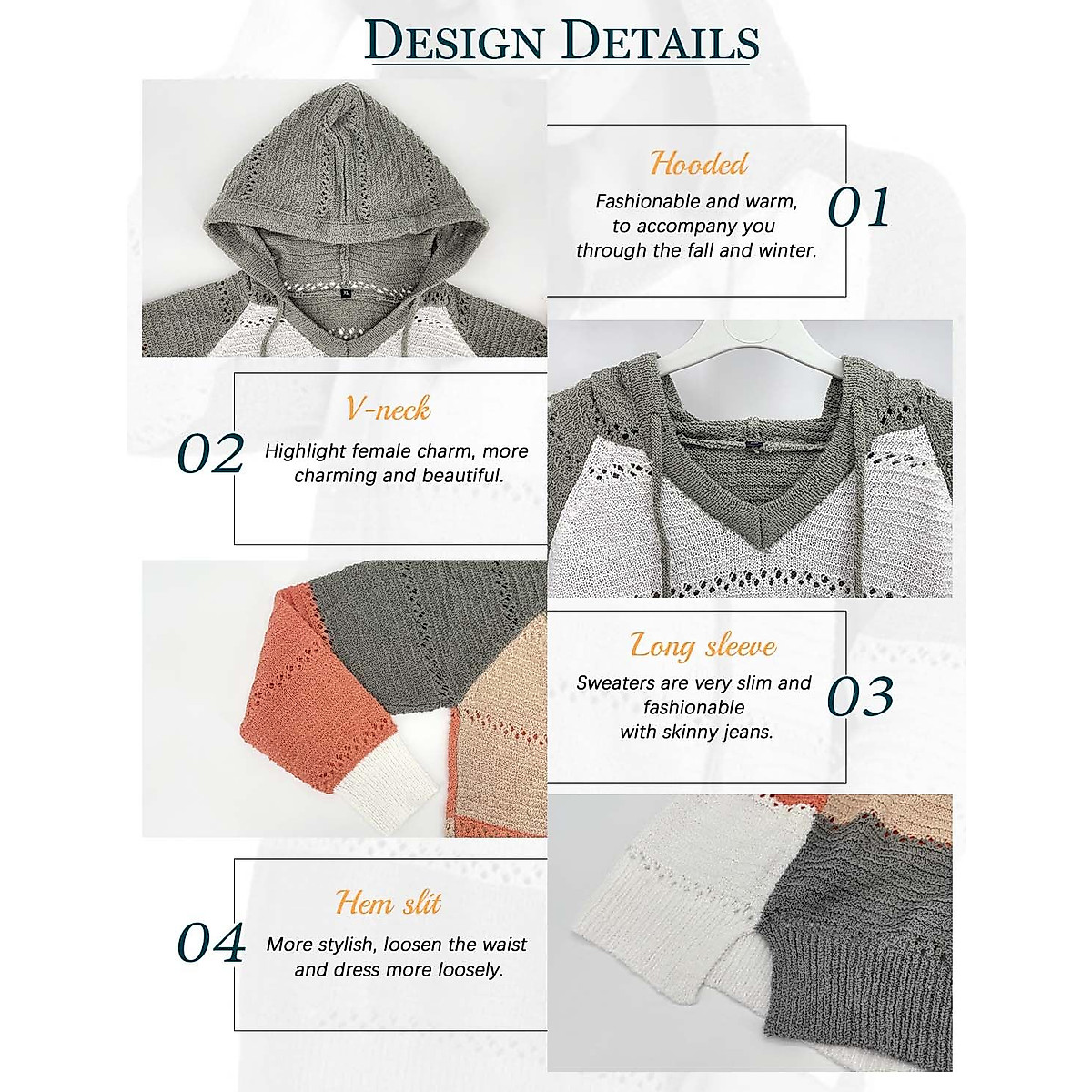 Vemodoo Women'S Hoodie Ladies Sweatshirts Lightweight Sweaters For Women Women's Color Block Knit Hoodies Sweaters V Neck Drawstring Lightweight Pullover Sweatshirts Khaki Large