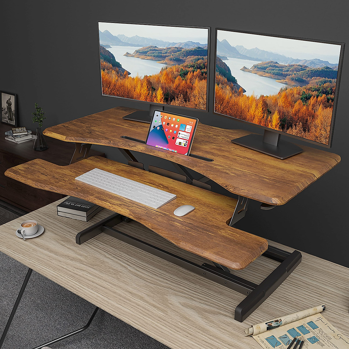 FEZIBO Height Adjustable Standing Desk Converter, 42 Inches Desk Riser, Sit Stand Desk Ergonomic Tabletop Workstation Rustic Brown