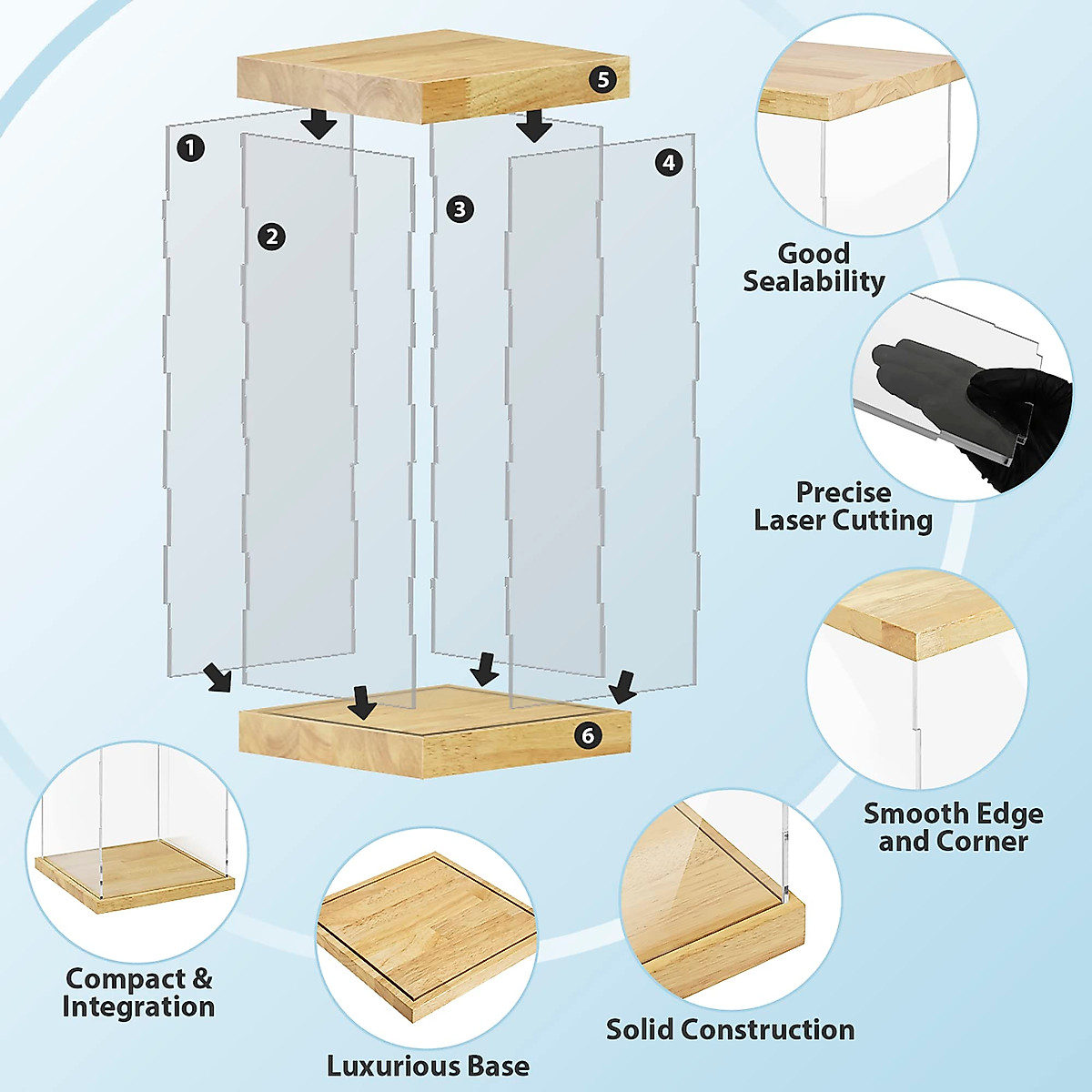 Clear Acrylic Display Case with Solid Butcherblock Base and Top for Trophy, Collectibles, Assemble Cube Display Box Stand Dust Proof Protection Showcase for Action Figures Toys - by BenchPro