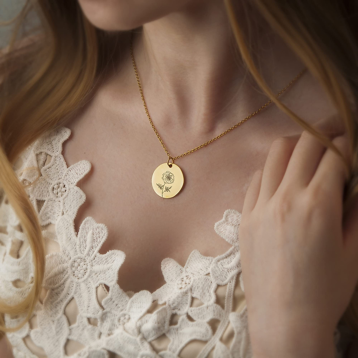 Anavia Birth Month Flower Necklace Birthday Gifts, Personalized Engraved Floral Coin Necklace, Customized Love Jewelry Necklace for Her Mom Sister Girlfriend Lily Poppy Sunflower (Silver)