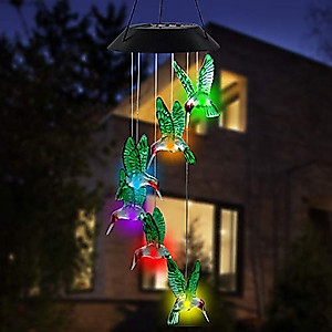 MorTime 2 PACK Solar Hummingbird Wind Chime, Color Changing Mobile LED Solar Wind Chime Outdoor Mobile Hanging Patio Light, Porch, Deck, Garden Decor