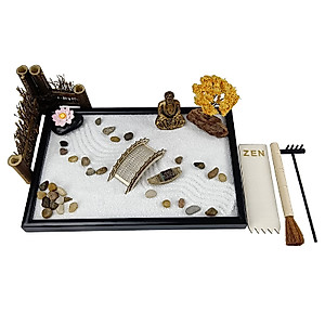 Oritlife Japanese Mini Meditation Zen Garden for Desk,Relax Desktop Zen Garden Kit with Square Sandbox, Balance Stones Mini Zen Sand Garden Kit
