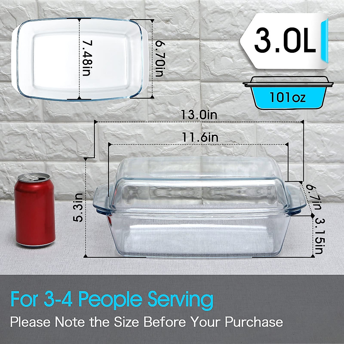Large Glass Baking Dish, Rectangular Glass Casserole Dish With Glass Lid, Deep Glass Bakeware for Oven Safe