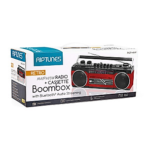 Riptunes Cassette Boombox, Retro Blueooth Boombox, Cassette Player and Recorder, AM/FM/SW-1-SW2 Radio-4-Band Radio, USB, and SD, RED