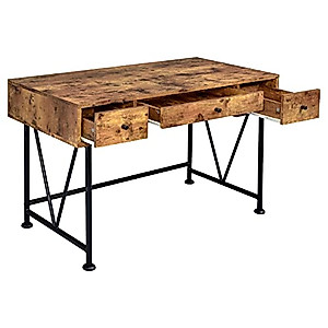 Coaster Furniture Analiese Farmhouse 3 Drawer Home Office Writing Desk Black Metal Base Antique Nutmeg Brown 801541