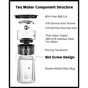 ZENS Modern Small Glass Tea Infuser Teapot, 3-in-1 Smart One Touch Tea Maker for Loose Leaf Tea Steeper, Solo Simple Tea Strainer with 9oz Double Walled Tea Cup for Hot Black, White Tea Diffuser.