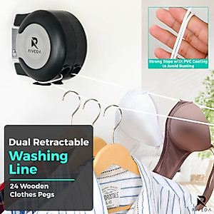 RIVEDA Retractable Double Clothesline with 24 Clothes Pins - Heavy Duty Clothes Line Indoor & Outdoor Laundry Line - (2 x 50 Feet) Dual Clothing line - Easy Installation (Black)
