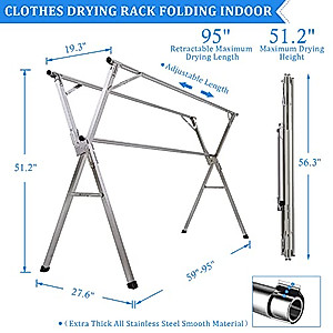 HJWTCQL 95IN （150-240cm） Clothes Drying Rack,Drying Rack Clothing Folding Indoor Outdoor,Heavy Duty Stainless Steel Laundry Drying Rack（10.38pounds） with Clothes Drying Rack Windproof Hooks 30pc