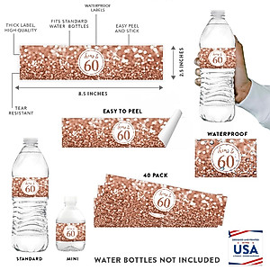 Andaz Press Glitzy Faux Glitter Rose Gold Water Bottle Labels Stickers, Cheers to 60, 60th Birthday Water Bottle Labels Anniversary 60th Birthday Decorations for Women Birthday Party Favors, 20-Pack