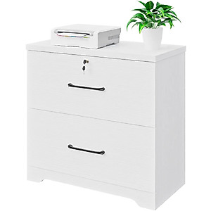 2 Drawer File Cabinet with Lock, Wooden Lateral Storage Home Office Filing Cabinet with Anti-tilt Mechanism with 8 Hanging Bars for Letter/Legal Size (White)