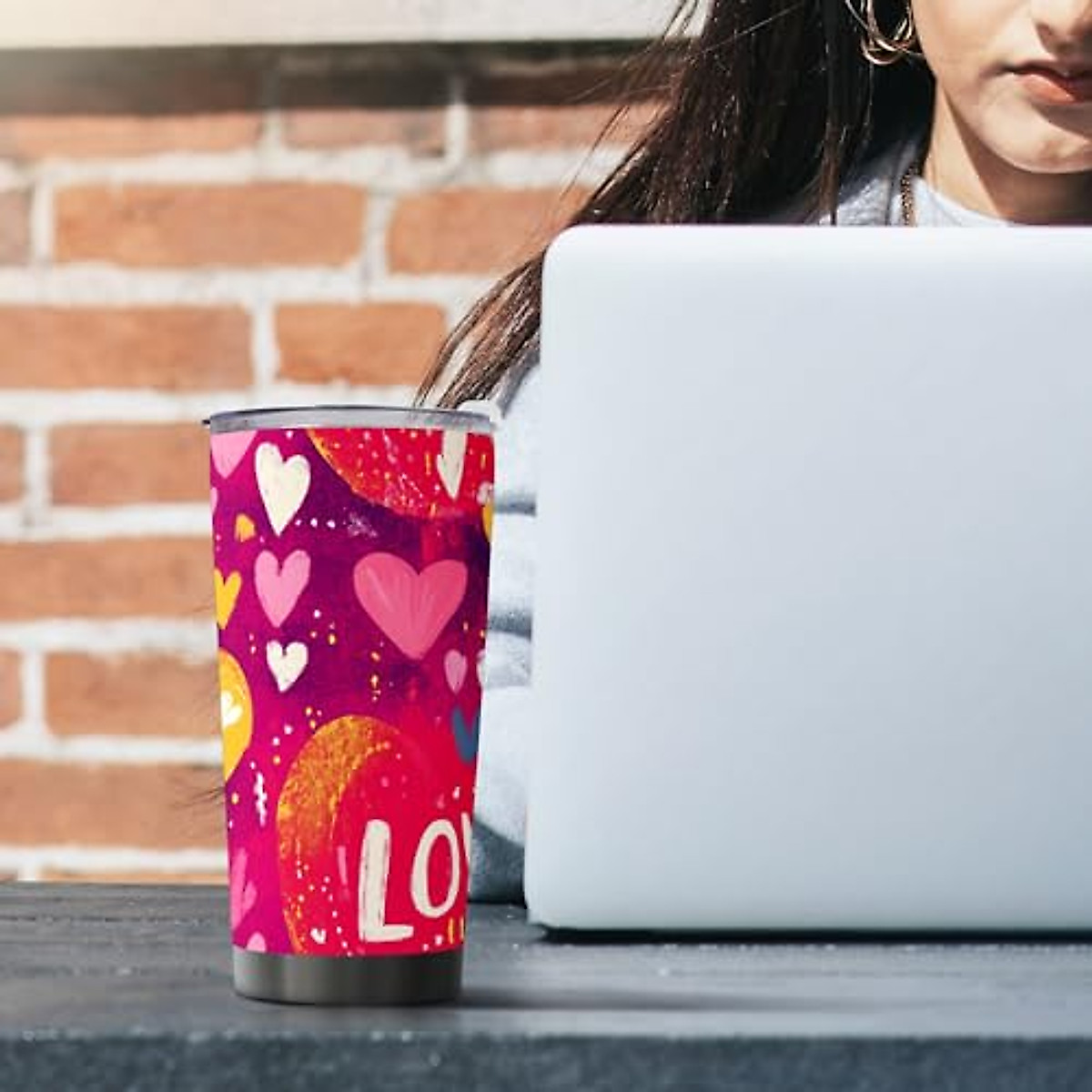 QWEUIOP 20oz Insulated Travel Coffee Mug Love Heart Tree Stainless Steel Tumbler with Lid Double Wall Vacuum Coffee Cup For Hot and Cold Drinks14458