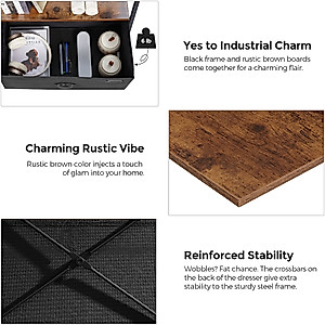 SONGMICS Nightstand, Industrial Bedside Table with 2 Fabric Drawers, Storage Shelves, Vertical Dresser Storage Tower with Wooden Top, Metal Frame, Labels, Rustic Brown and Black ULVT03H