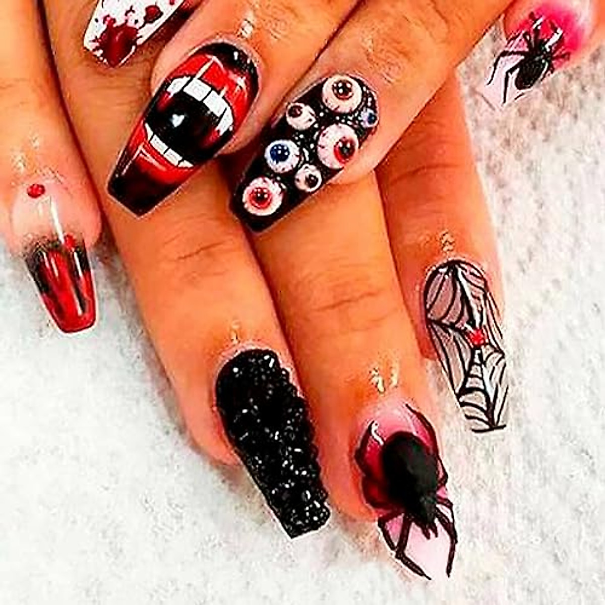 Halloween Long Press on Nails Coffin Fake Nails French Acrylic Nails with Rhinestone Spider Spiderweb Blood Drops Eyeballs Full Cover Horror Pattern Designs Artificial Nails Stick on Nails for Women and Girls 24 Pcs