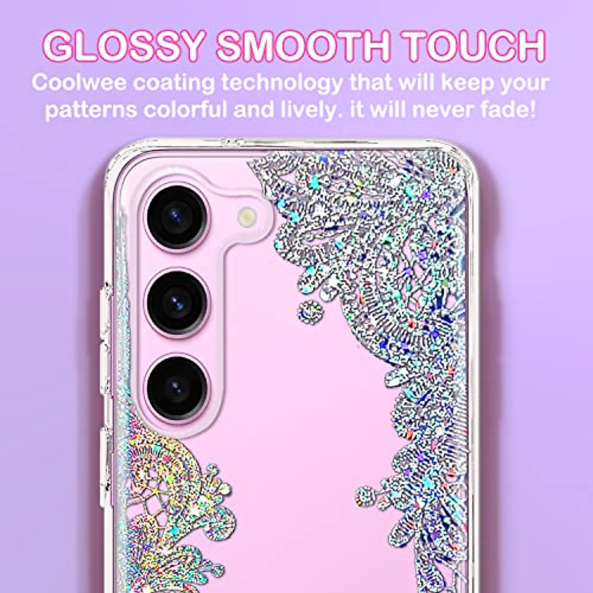 Coolwee Clear Glitter for Samsung Galaxy S23 Case, 6.1 inch, Anti Yellowing Military Grade Drop Protection Shockproof Flower Slim Crystal Bling Lace Floral Hard PC Soft TPU Bumper Cover Mandala Henna
