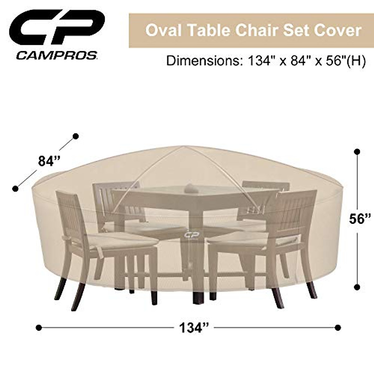 CAMPROS Rectangular/Oval Patio Furniture Cover with Roof Pole, Waterproof Outdoor Table Chair Set Covers, Fade Resistant Cover for Outdoor Furniture Set, UV Resistant, 134" L x 84" W x 56" H - Beige
