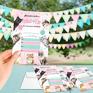 TFCIATE Cute Pet Cat Birthday Party Invitation Cards, 20 Double-Sided Birthday Fill-in Invitation with Envelopes, Let's Paw-Ty Kitty Cats Party Favors Supplies For Kids，Boys and Girls - A026
