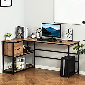 HOMCOM L-Shaped Home Offie Computer Desk with Storage Shelves, 2 Dawers and Industrial Steel Frame, Black/Brown