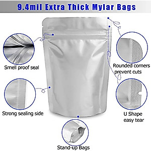 Mylar Bags for Long Term Food Storage 50 Pack 1 Gallon Extra Thick 9.5 Mil 10''x14'' Standable Resealable Ziplock Food Grade Bags for Packging Products(25 Zipper+25 No Zipper)