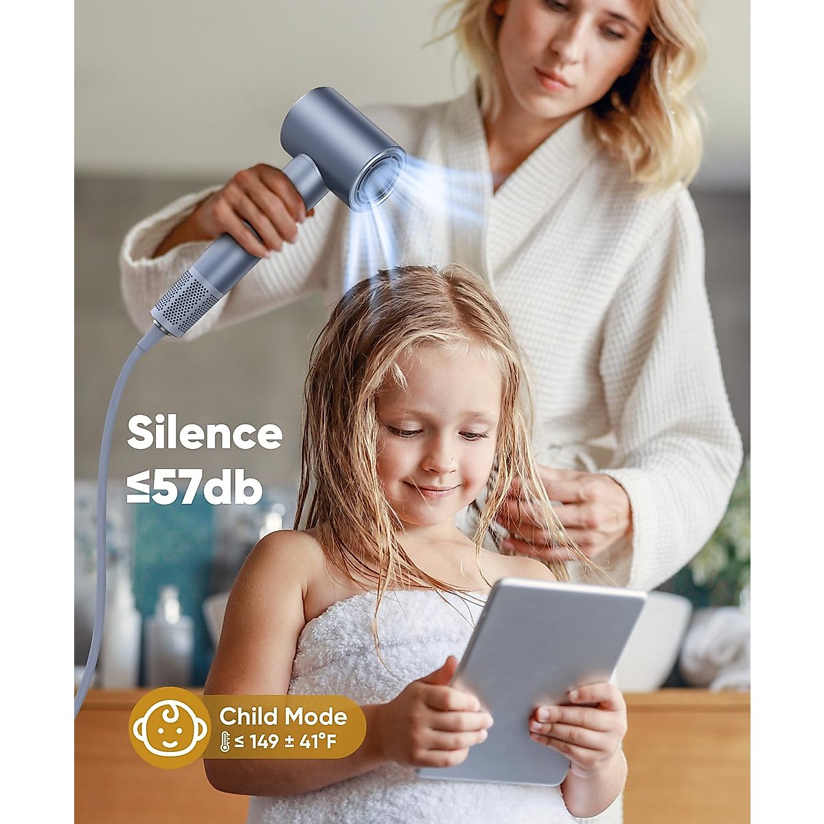 High Speed Hair Dryer with Ionic，110,000 RPM，3 Temper，LED Display，Auto Presets，No Heat Damage，50 DB Low Noise for Children，Home，Travel