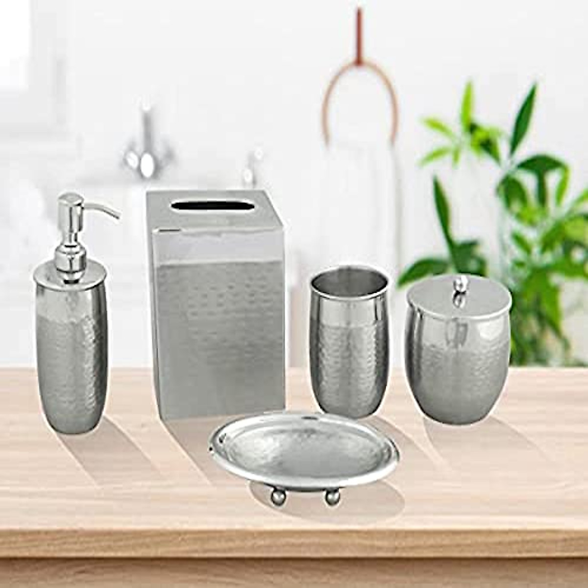 Bathroom Accessories - Set of 5 Includes Soap Lotion Dispenser, Soap Dish Tumbler, Cotton Jar, Tissue Box for Modern Farmhouse Bath Decor Kitchen Countertop Organizer Housewarming Gift - Silver