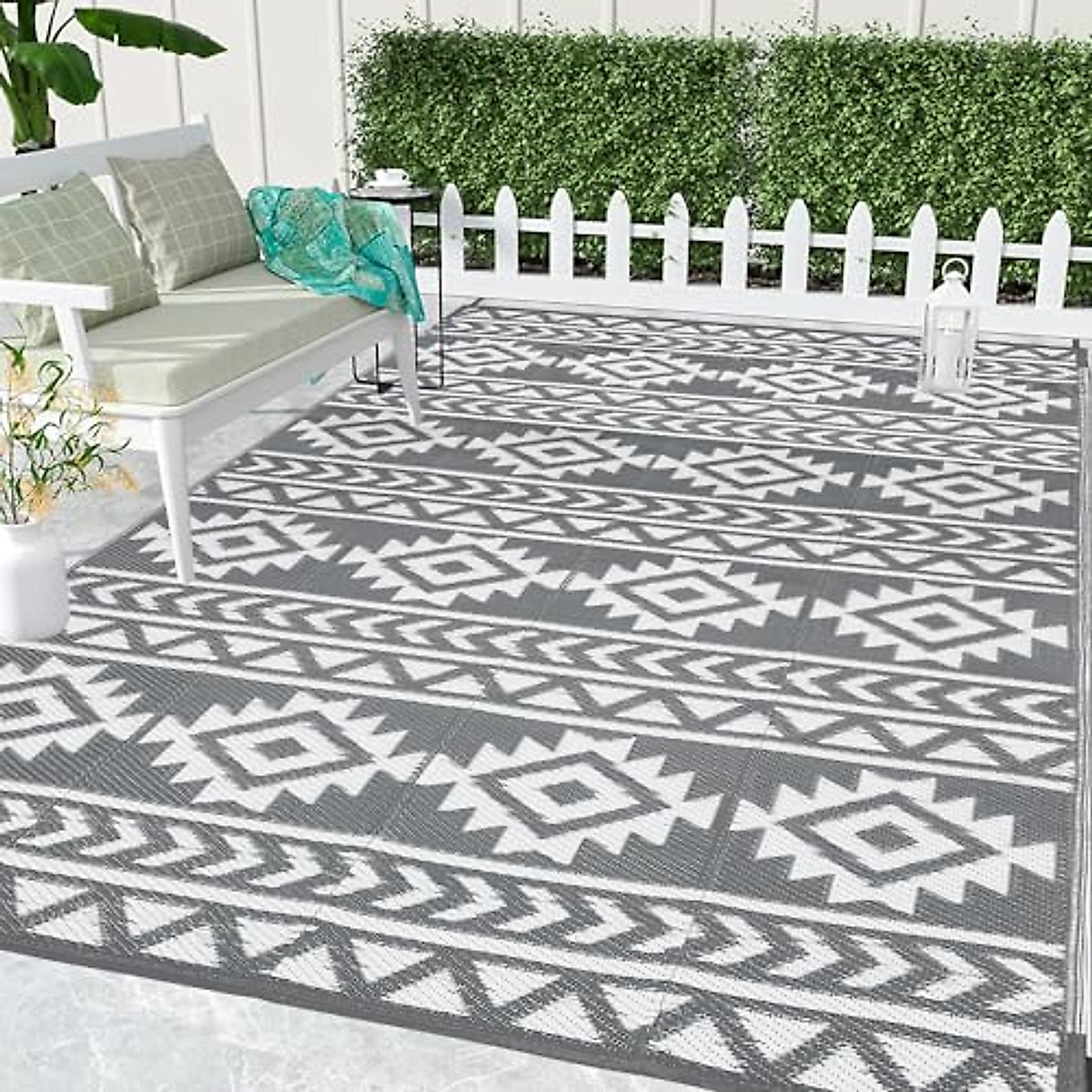 Pauwer Waterproof Outdoor Rug 5x7, Reversible Plastic Straw Patio Camping Rug, Indoor Outdoor RV Mat Carpet for Deck, Camper, Porch, Balcony, Backyard, Picnic, Moro Grey
