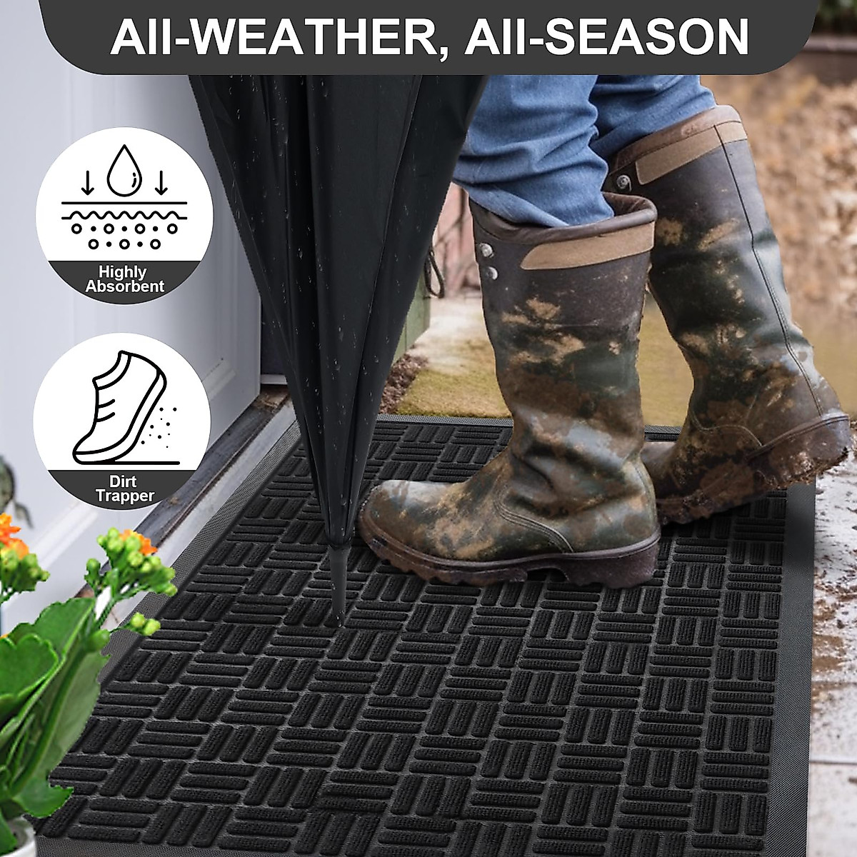 Mibao Front Door Mat, Heavy Duty Durable Welcome Mat for Outdoor Indoor, Dirt Trapper Waterproof Super Absorbent Door Mat for Entryway Outside Patio Porch, 61.5" x 36", Black