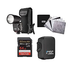 Westcott FJ80 II S Touchscreen 80Ws Speedlight with Sony Camera Mount Bundle with Lithium Polymer Battery, Photography Backdrop Boards, and Extreme PRO 200MB/s 64 GB SDXC UHS-I Memory Card (4 Items)