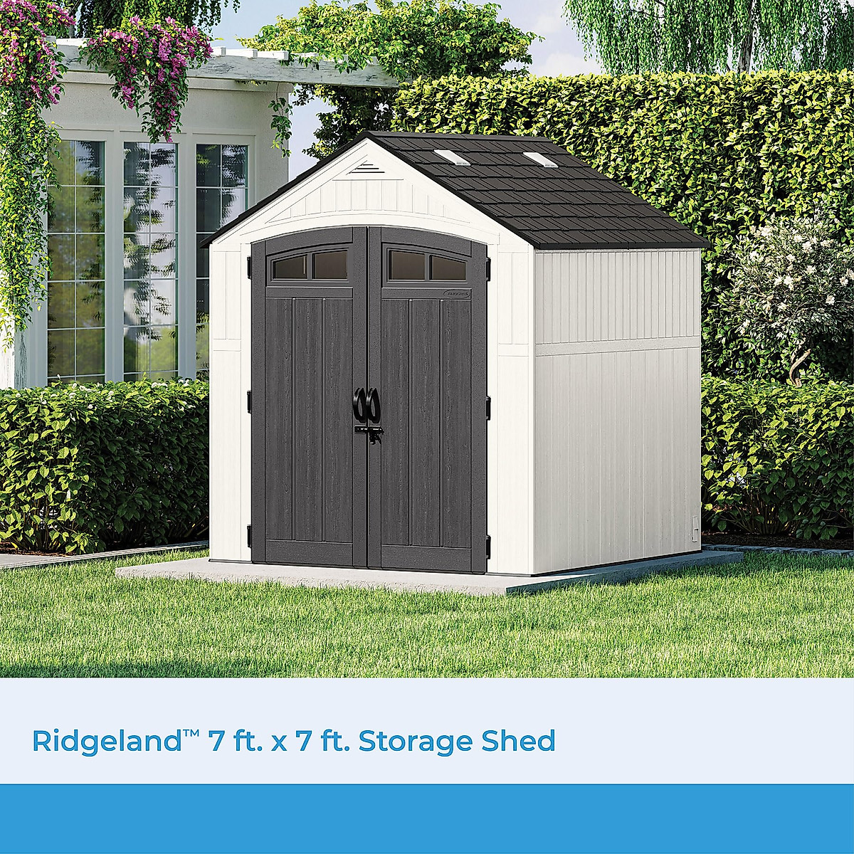 Suncast 7' x 7' Ridgeland Storage Shed for Large-Scale Yard Storage, All-Weather Outdoor Storage Shed with 2 Lockable Doors and Windows