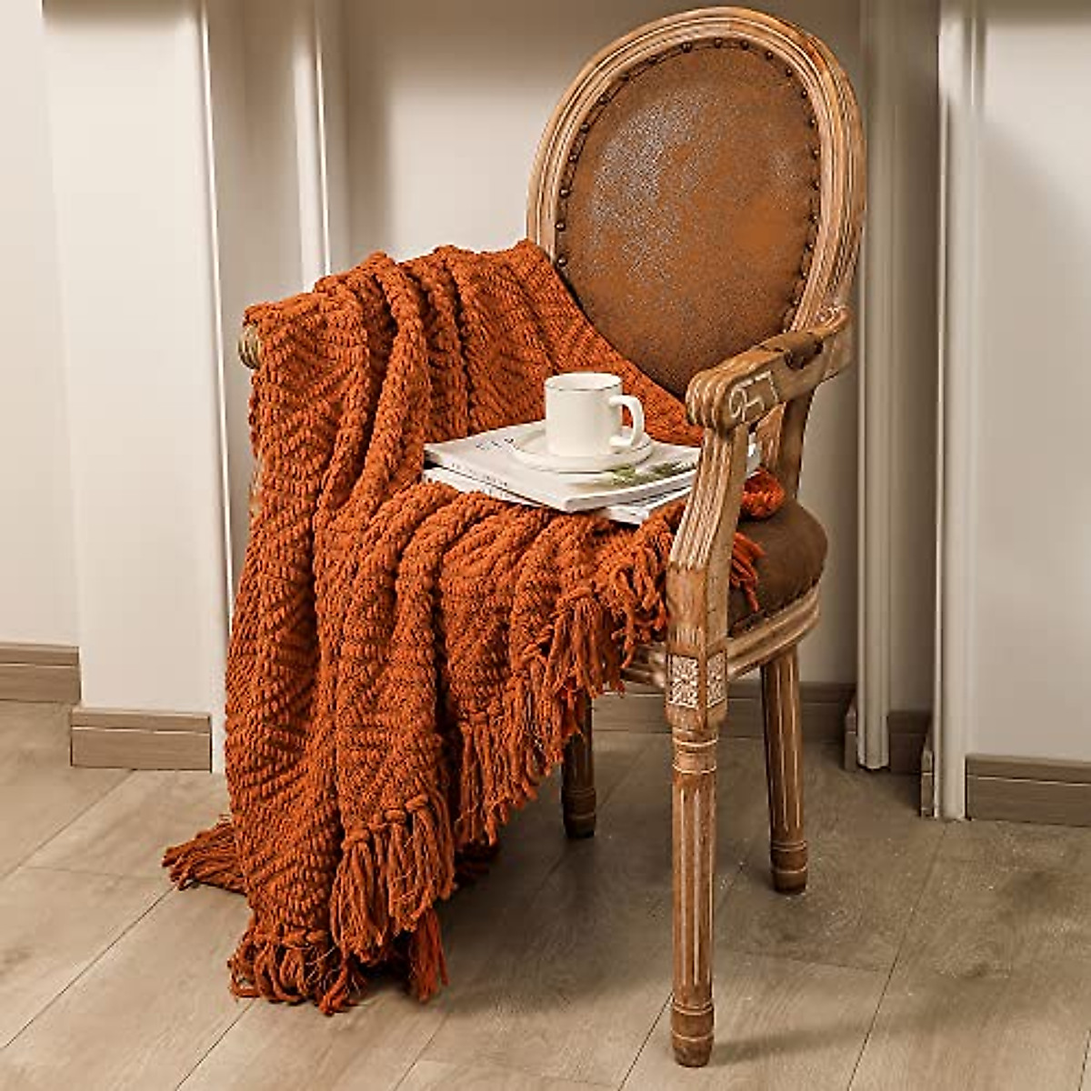 JOOJA Throw Blanket for Couch Knit Blanket Textured Chenille Blanket for Bed Super Soft Cozy Warm Blanket with Tassels for Chair Sofa Living Room, 60x80 Inches Burnt Orange