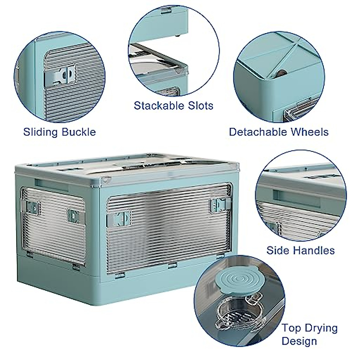 Storage Bins with Lids, Stackable Storage Bins for Closet Organizers and Storage, Collapsible Storage Bins with Wheels, Folding Storage Boxes, Plastic Storage Bins for Office, Home Storage (7.2Gal-1-Pack, Blue)