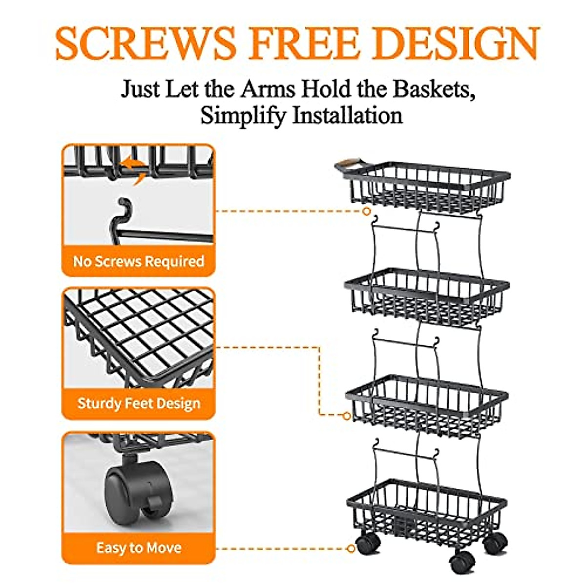 Wisdom Star 4 Tier Fruit Vegetable Basket for Kitchen, Storage Cart, Vegetable Basket Bins, Wire Storage Organizer Utility Cart with Wheels, Medium, Black