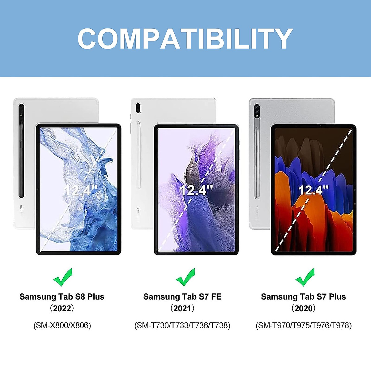 Samsung Galaxy Tab S7 FE/S8 Plus/S7 Plus Case with Keyboard 12.4 Inch - Smart Folio Case with S Pen Holder, 7 Colors Backlight Detachable Wireless Keyboard for Tab S7 FE 2021/S8+ 2022/S7+ 2020, Blue