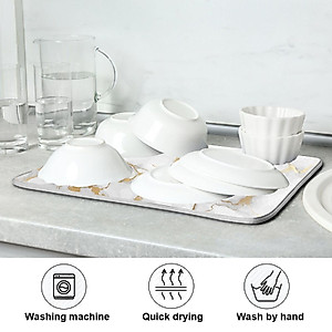 White Gold Marble Texture Dish Drying Mat for Kitchen Counter Absorbent Non-slip Heat Resistant Drainer Mats Reversible Dish Drying Pad Coffee Bar Kitchen Accessories, 18x24 Inch
