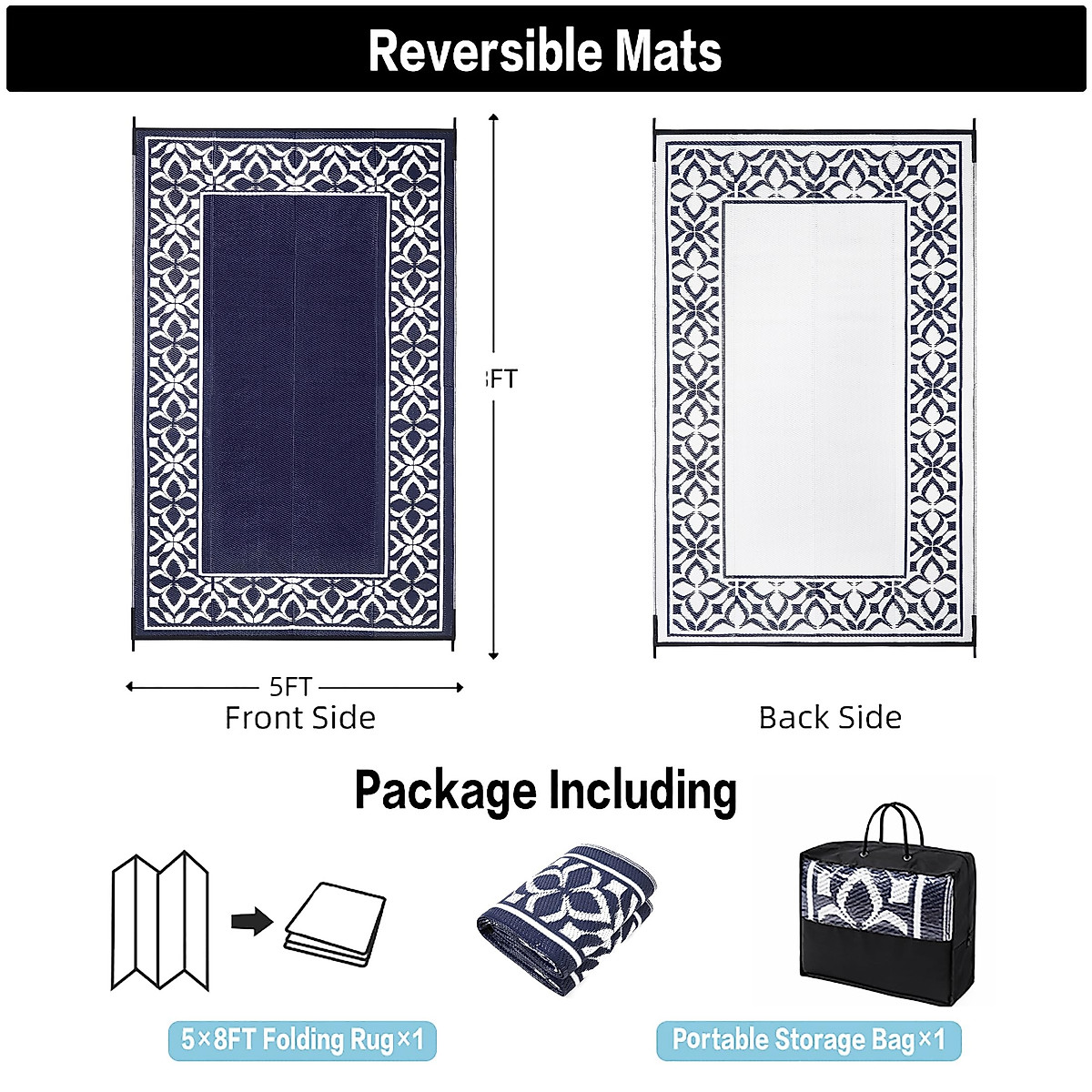 PureCozy Outdoor Plastic Straw Rug Navy Blue Waterproof Indoor Outdoor Patio Rug 5x8 Carpet Geometric Reversible Mat Modern Washable Large Outside Area Rug for Camping RV Porch Deck Balcony Beach