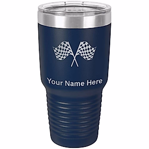LaserGram 30oz Vacuum Insulated Tumbler Mug, Racing Flags, Personalized Engraving Included (Navy Blue)