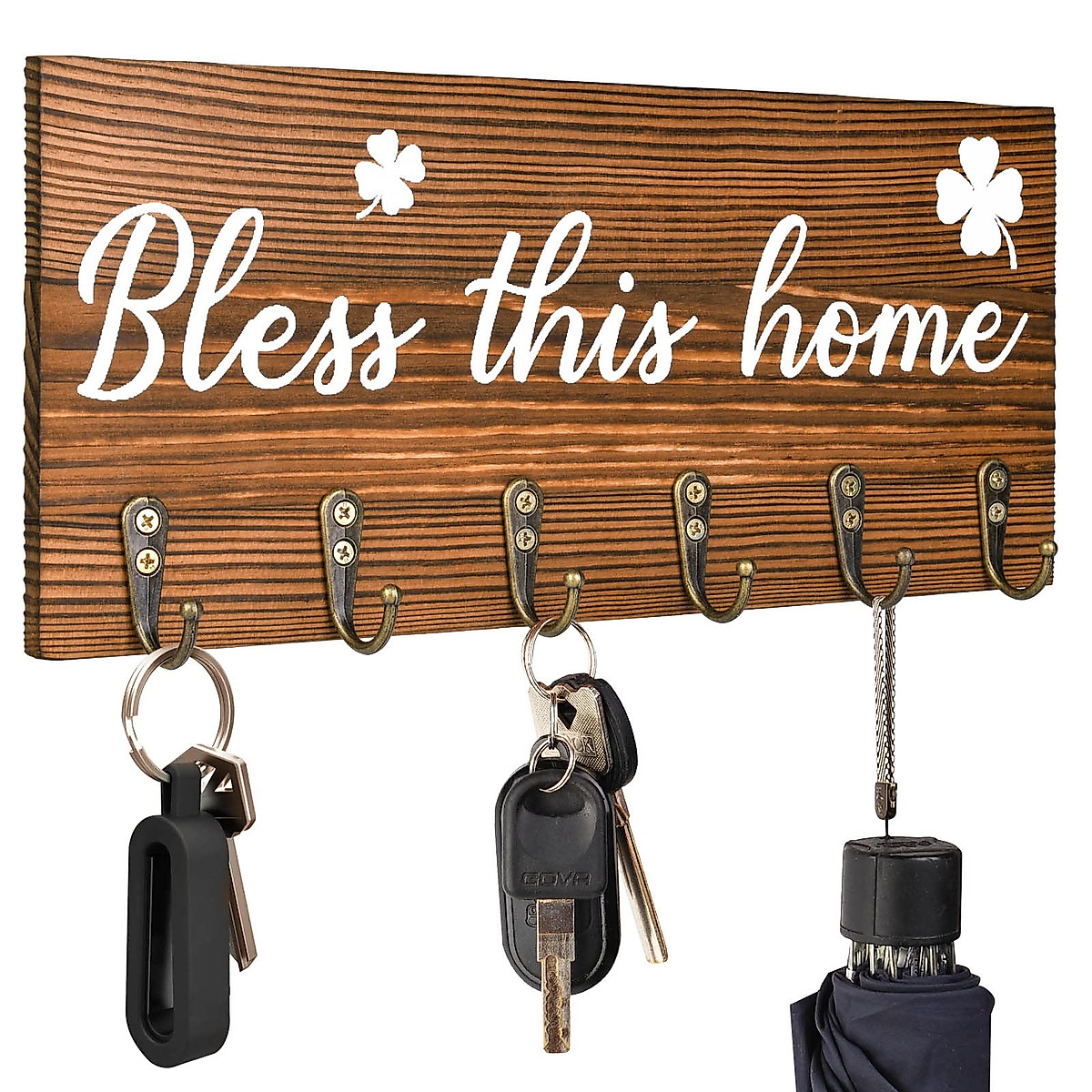 AHYS Key Holder Wall Mount Rustic Bless This Home Wall Decor Key Holder for Wall Key Hanger Key Rack with 6 Key Hooks Wall Key Holder for Entryway Living Room Bedroom - Brown