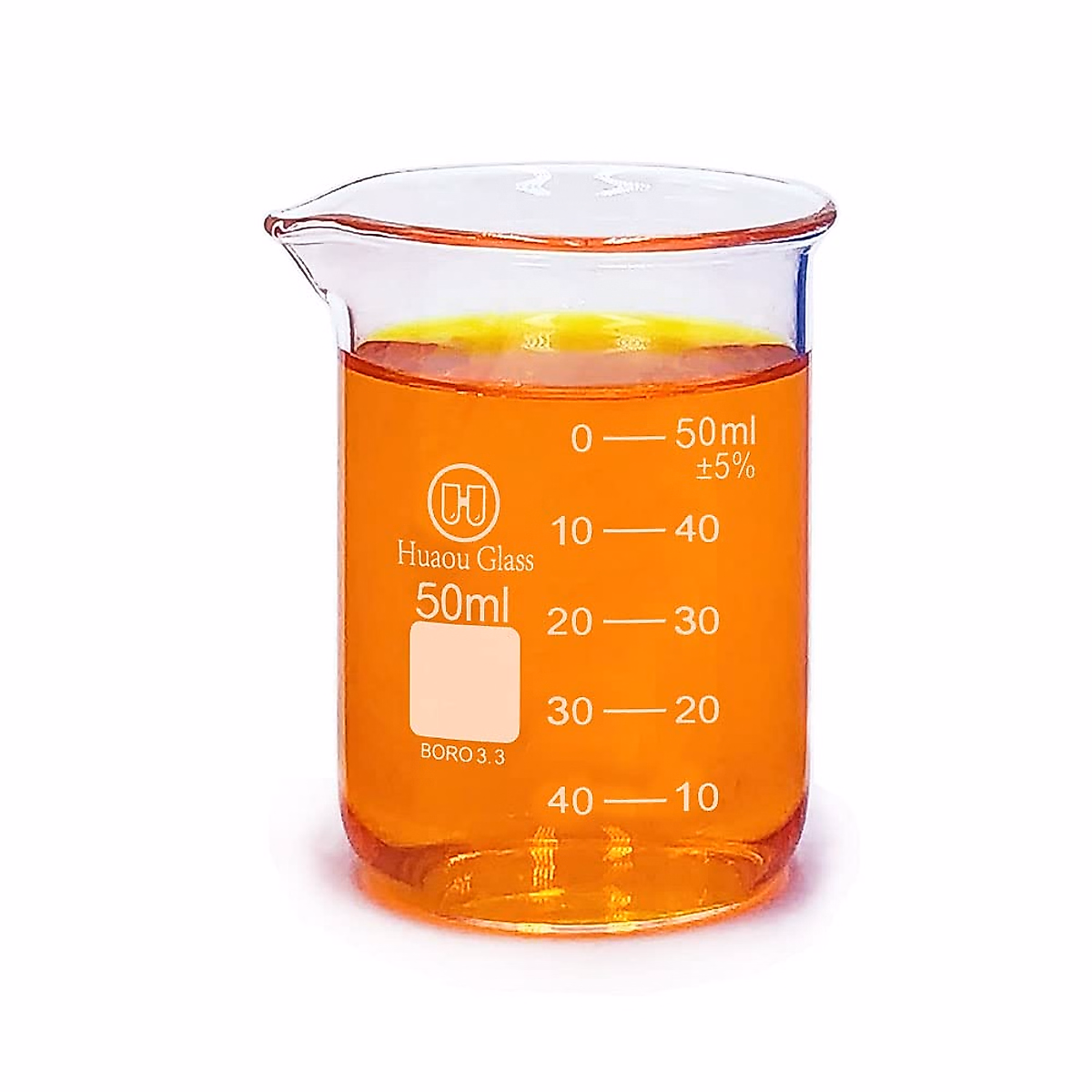 HUAOU Scientific 50ml Glass Beaker, Low Form, 3.3 Borosilicate Glass, Measuring Thick Wall with Printed Graduation, Double Scale (Single)